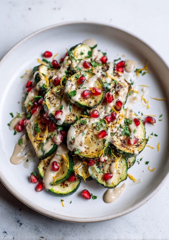 Roasted Courgettes With Tahini, Lemon, And Pomegranate Seeds
