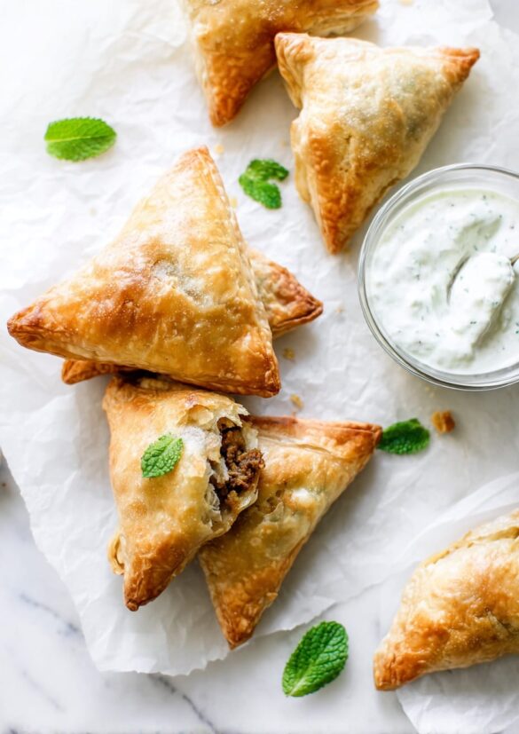 Puff Pastry Triangles With Spiced Lamb And Mint Yoghurt
